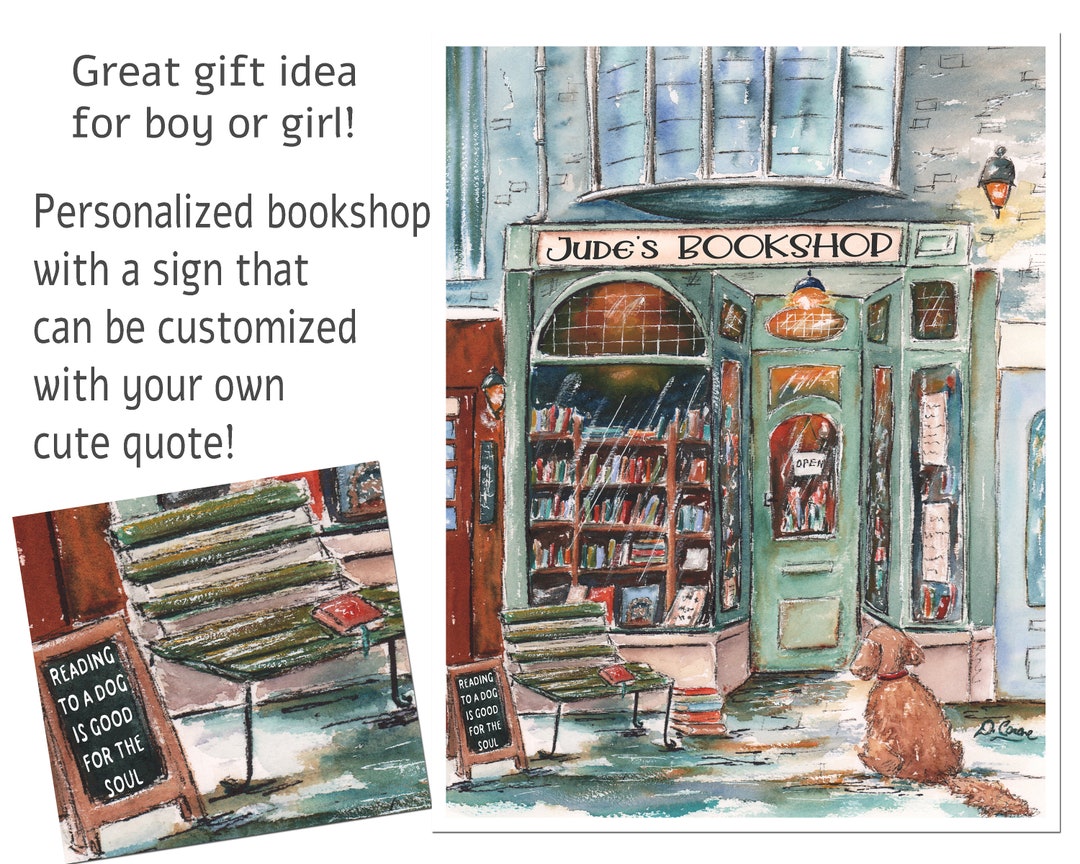 Bookshop Print, Personalized Kids Art, Book Lover Gift, Reading Corner ...