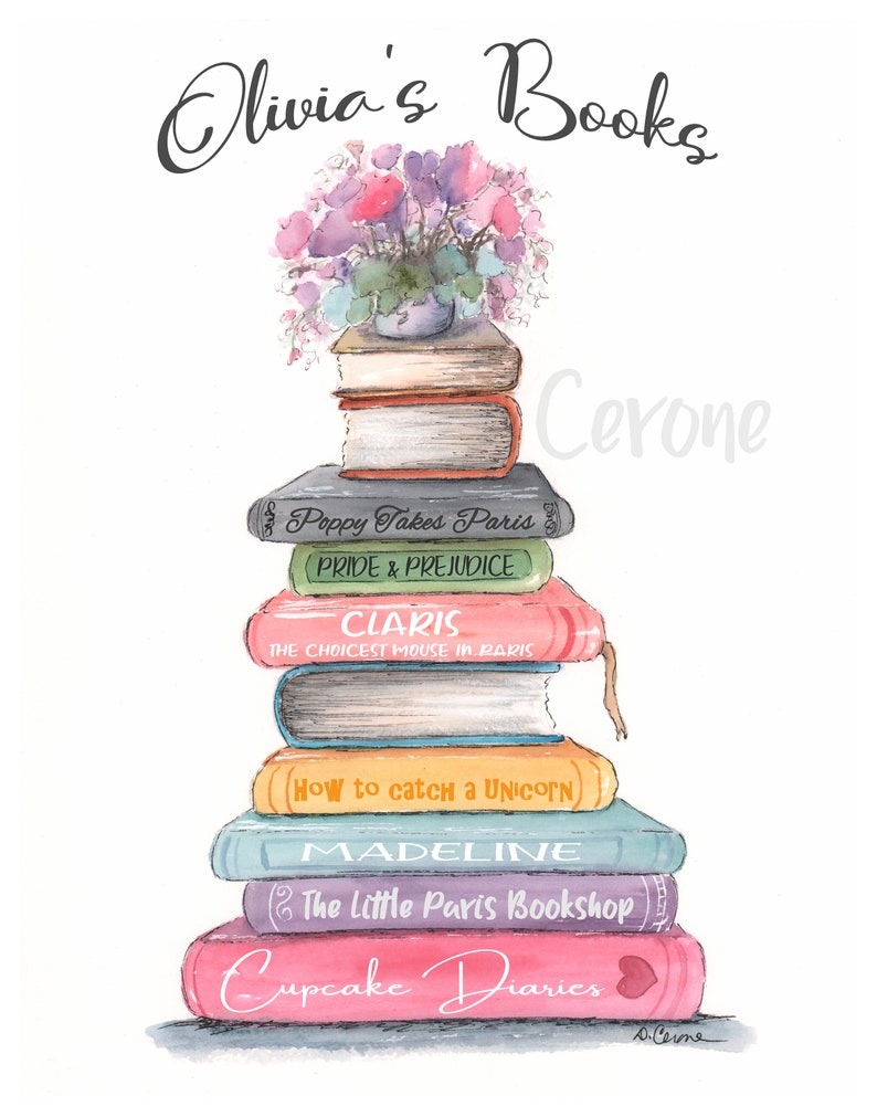 PERSONALIZED ART, Stack of Books Print, Custom Book Stack Watercolor ...