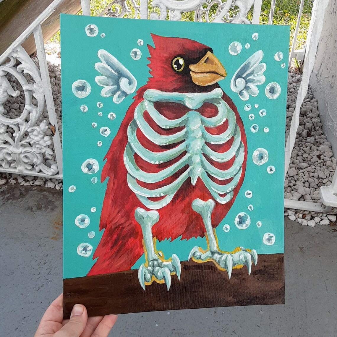 11 x 14 Cardinal w/ Skeleton Original Painting Acrylic Bird | Etsy