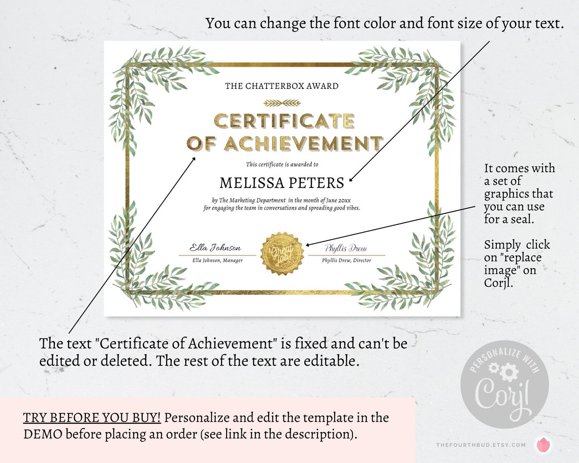 Certificate of Achievement Template - Editable Award With Greenery and ...