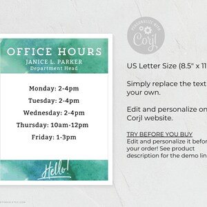 Office Hours Door Sign Printable Template - Editable Schedue or Hours ...