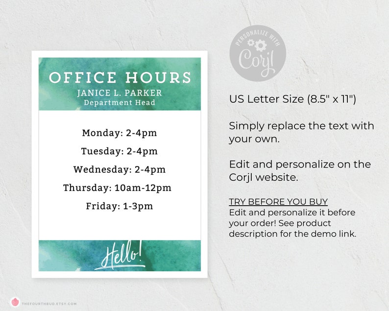 Office Hours Door Sign Printable Template - Editable Schedue or Hours ...