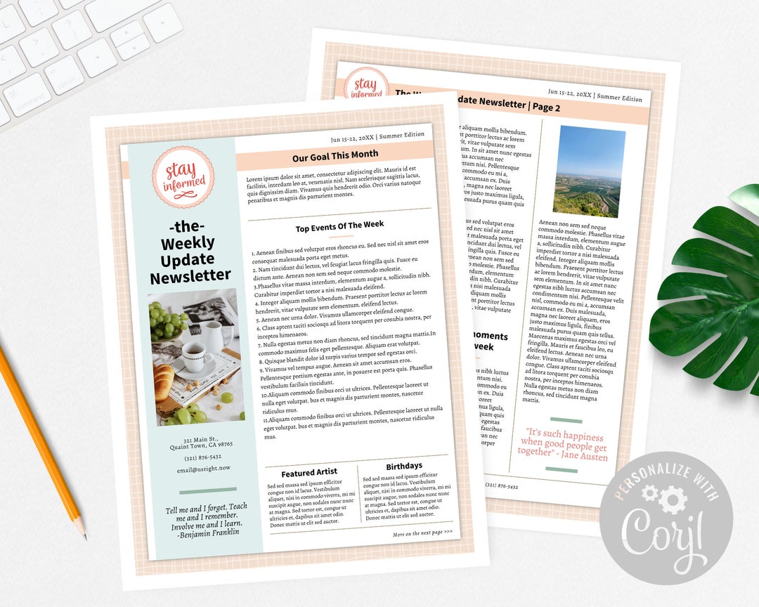 Fun, Beautiful Editable Newsletter Template Two Pages / Office, Church ...