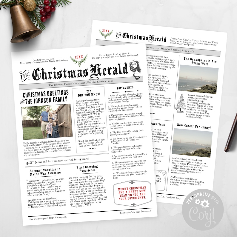 Family Christmas Newsletter Template Two Pages Old Newspaper Style ...