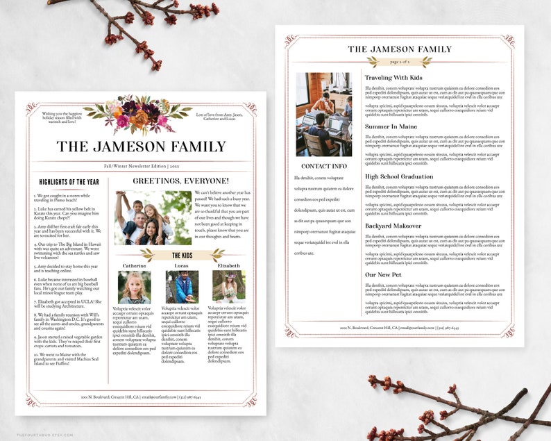 Fall Winter Newsletter Template Two Pages With Photos / Editable Office ...
