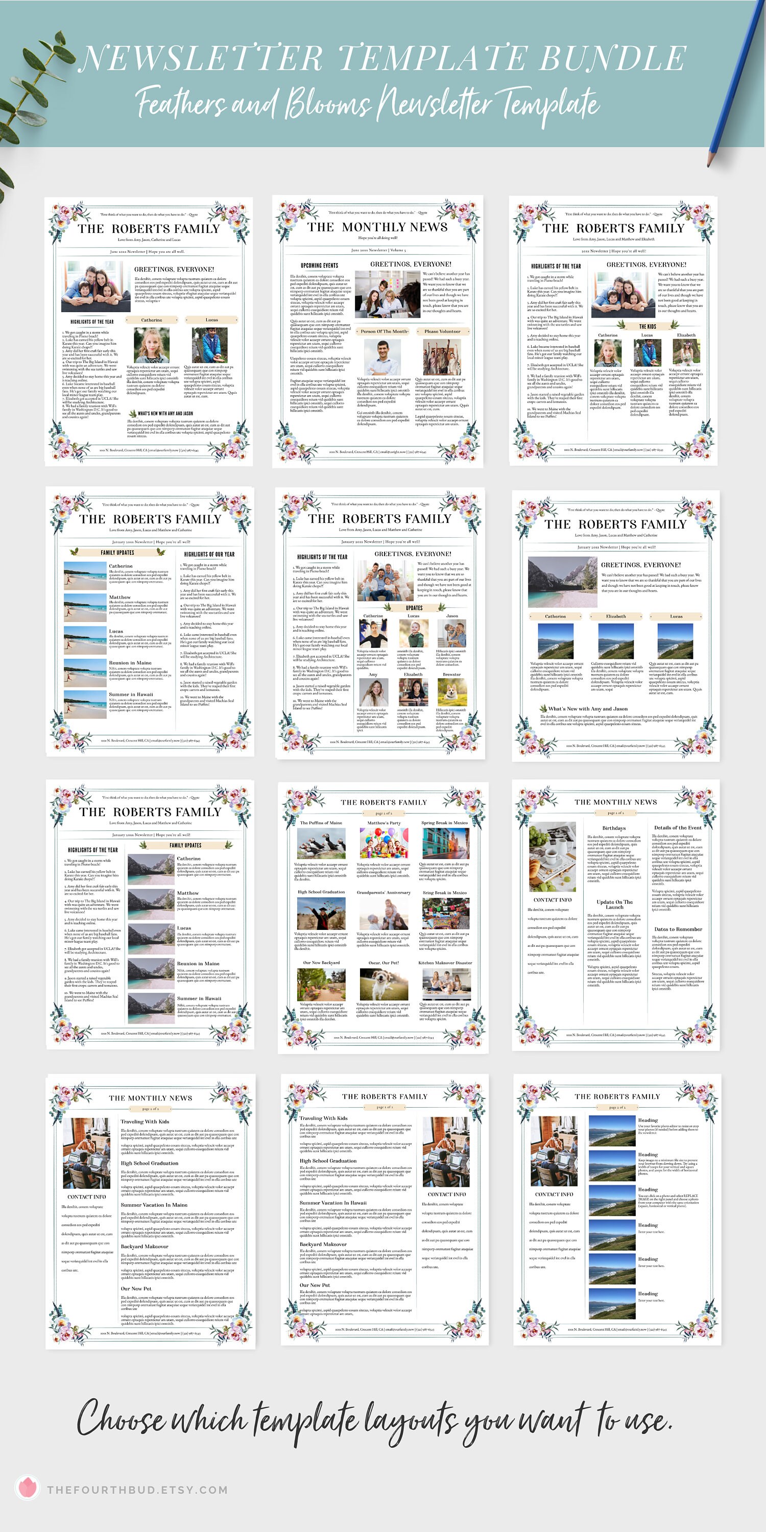 Floral Newsletter Template Bundle 12 Layouts for Wedding Times, Family ...