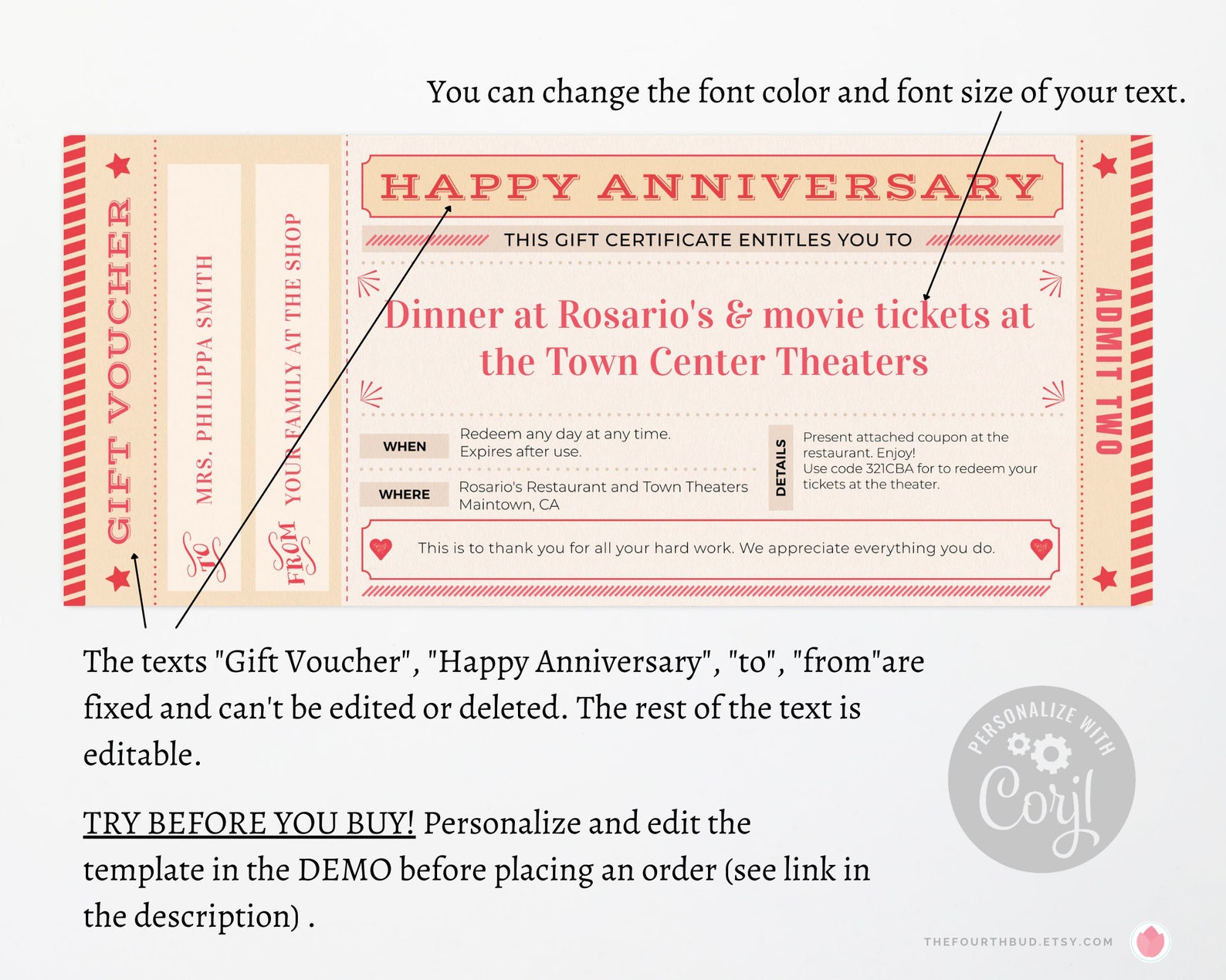 Fun Anniversary Gift Voucher Template / Editable Event or Activity ...