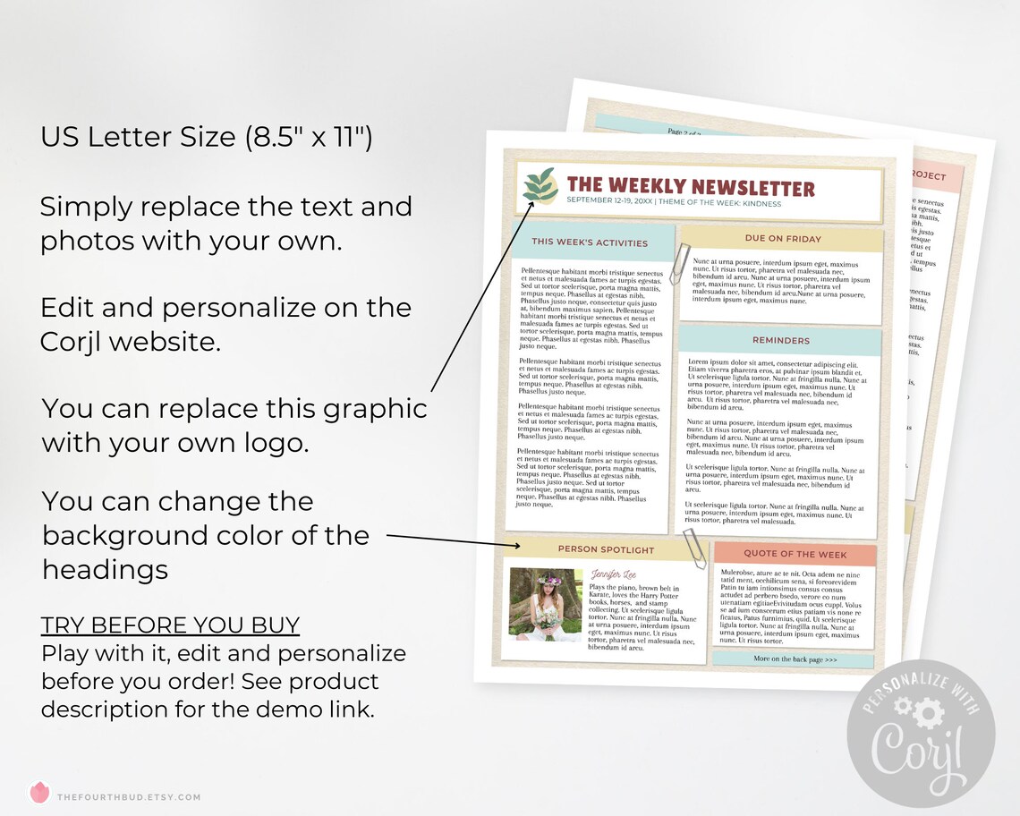 Editable Newsletter Template, Two Page Layout for School Updates (US ...