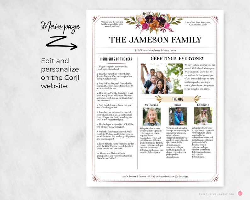 Fall Winter Newsletter Template Two Pages With Photos / Editable Office ...