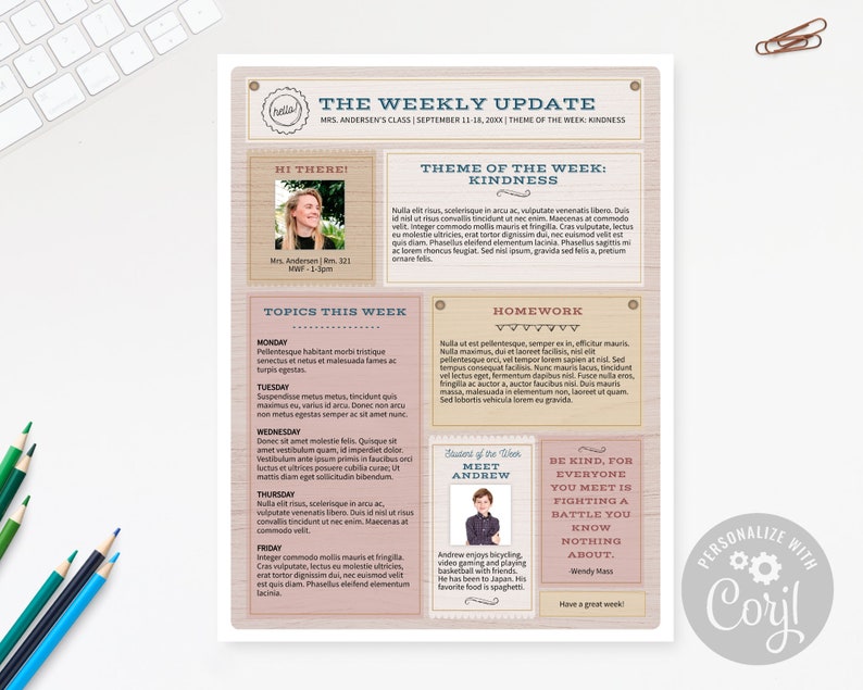 Editable Teacher Newsletter Template One Page / for Class, School ...