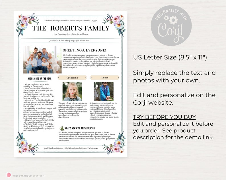Editable Family Newsletter Tempate, Watercolor Floral Bulletin (CORJL ...