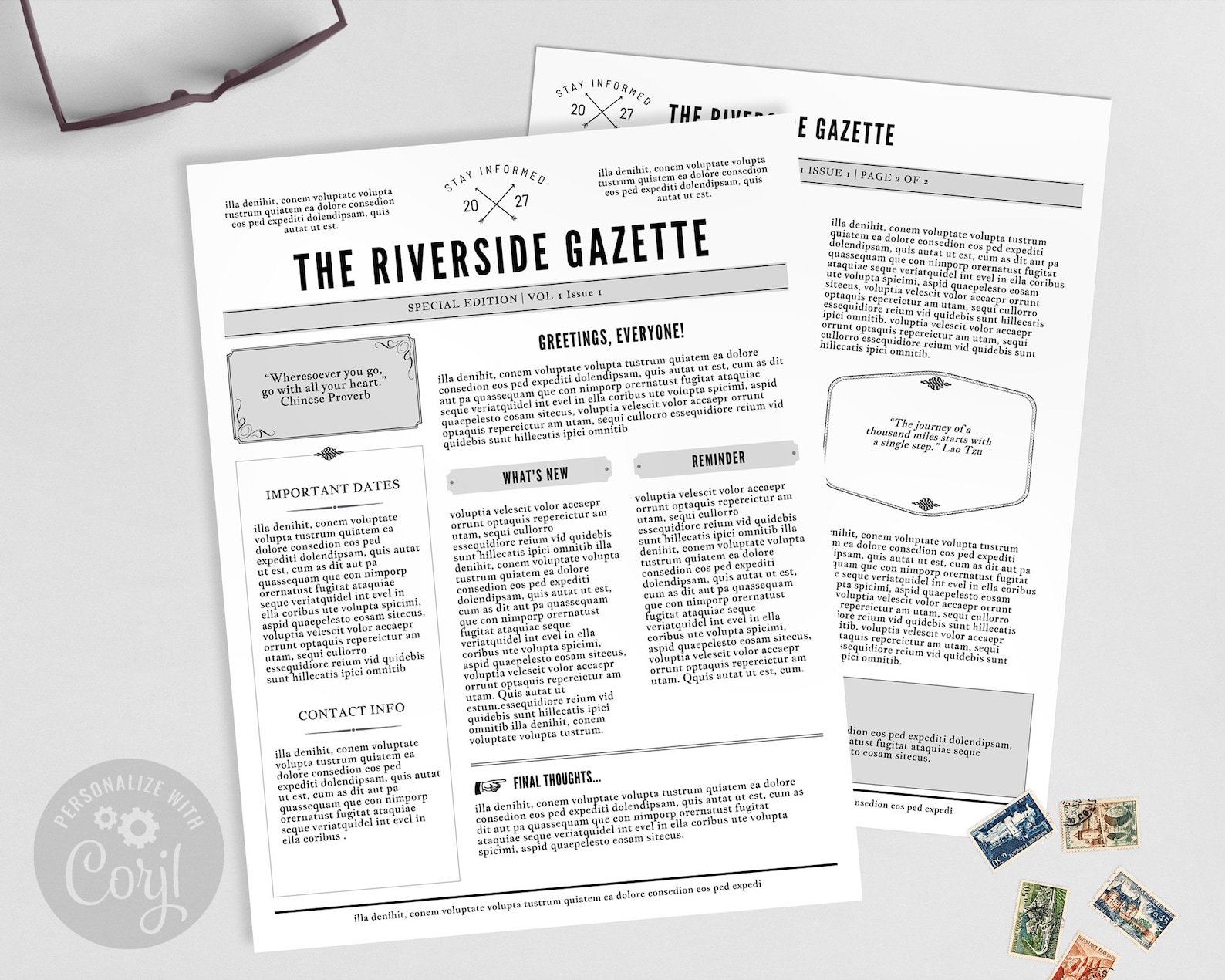 Organization or Office Newsletter Template Two Pages / Editable ...