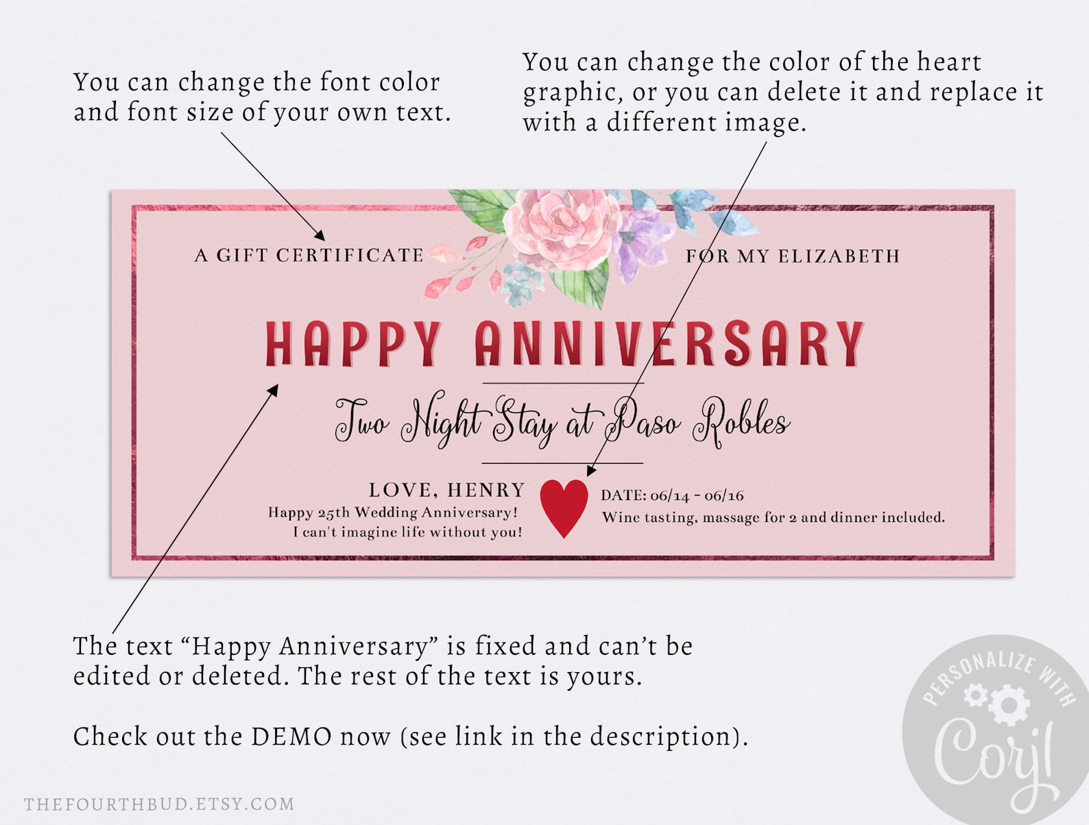 Happy Anniversary Gift Certificate Template / Editable Gift Voucher for ...