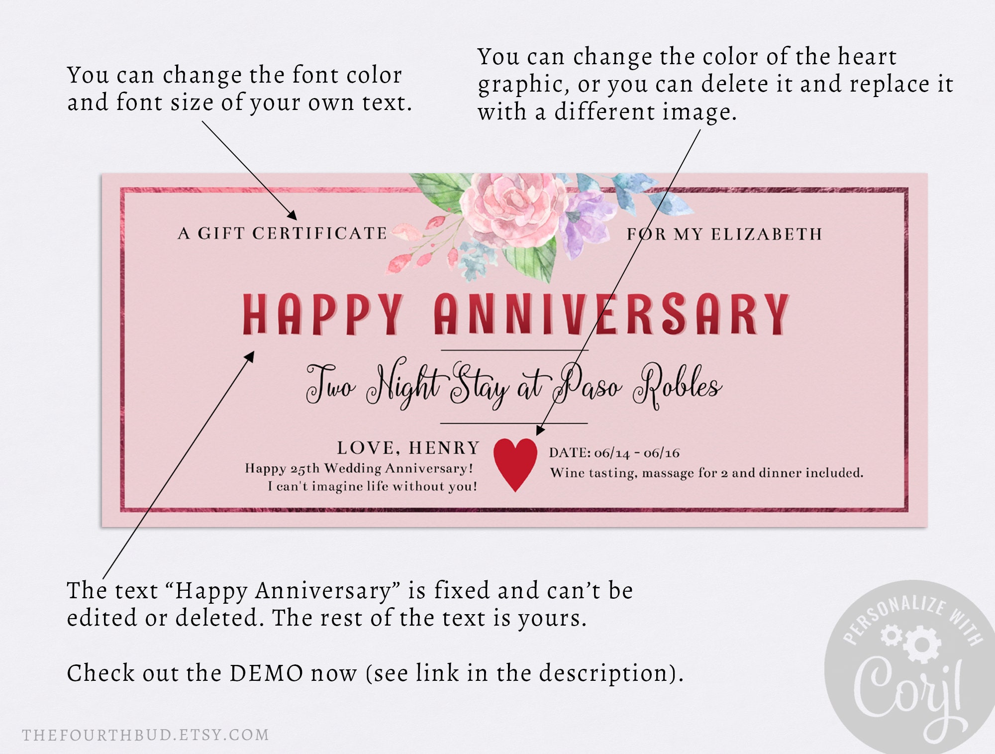 Happy Anniversary Gift Certificate Template / Editable Gift Voucher for ...