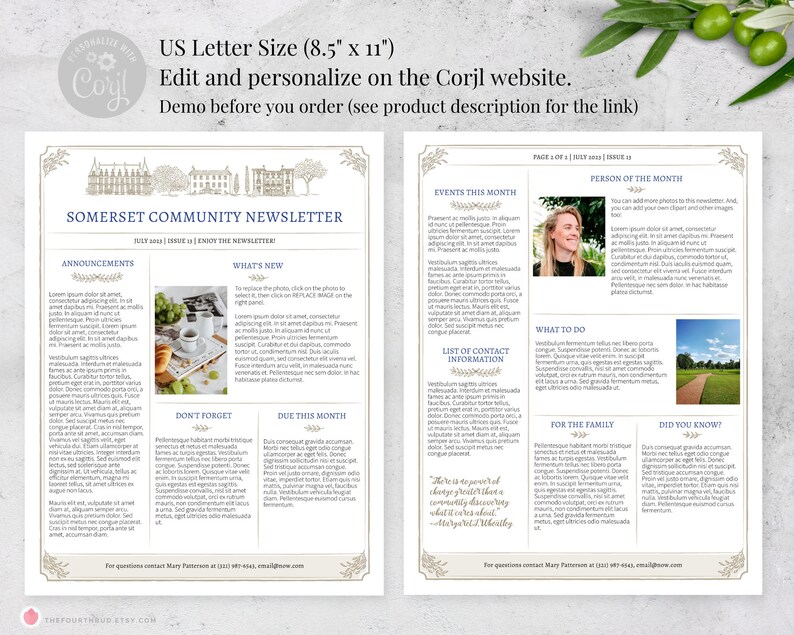Elegant Newsletter Template Two Pages / Editable Community, Home ...