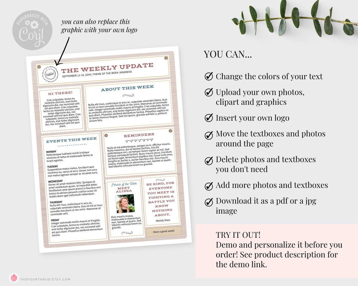 Editable Newsletter Template One Page for Teacher, School, Office or ...