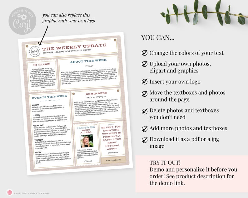 Editable Newsletter Template One Page for Teacher, School, Office or ...