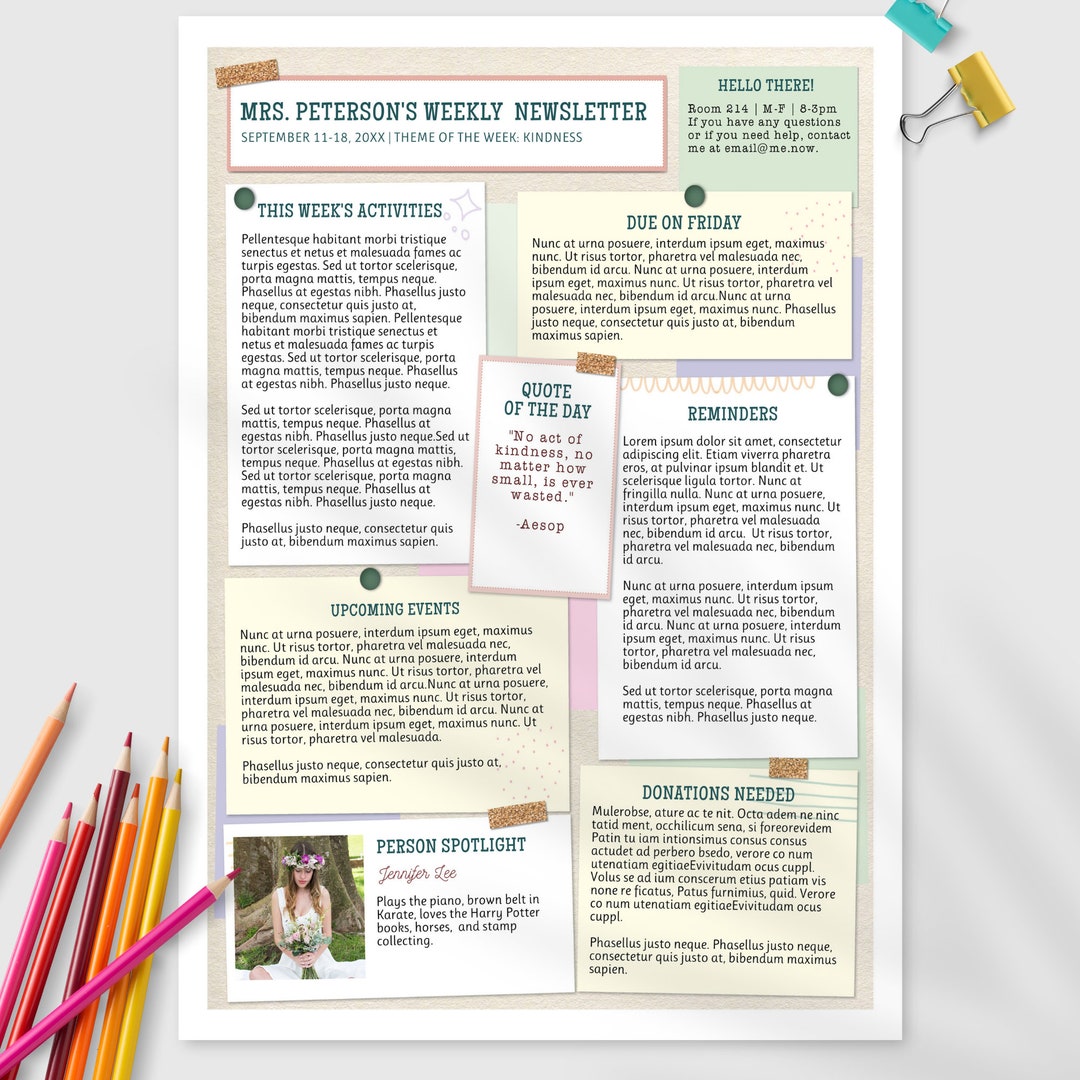 A4 Editable Teacher Newsletter Template One Page / Weekly Newsletter ...