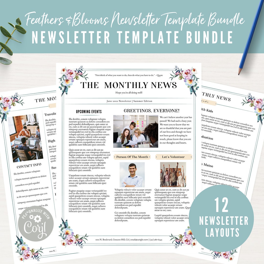 Floral Newsletter Template Bundle 12 Layouts for Wedding Times, Family ...