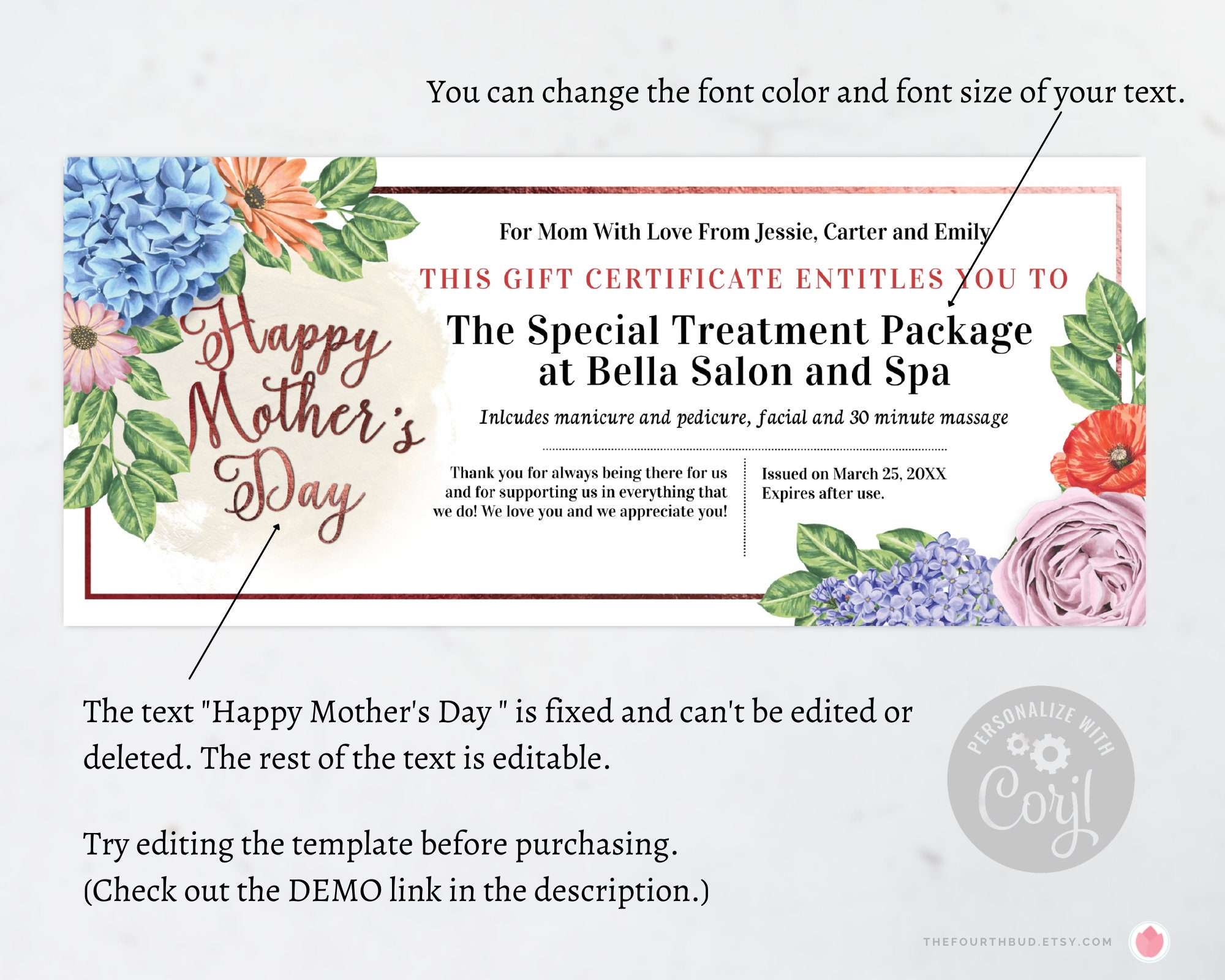 Editable Mother's Day Gift Certificate Template / Mothers Day Gift ...
