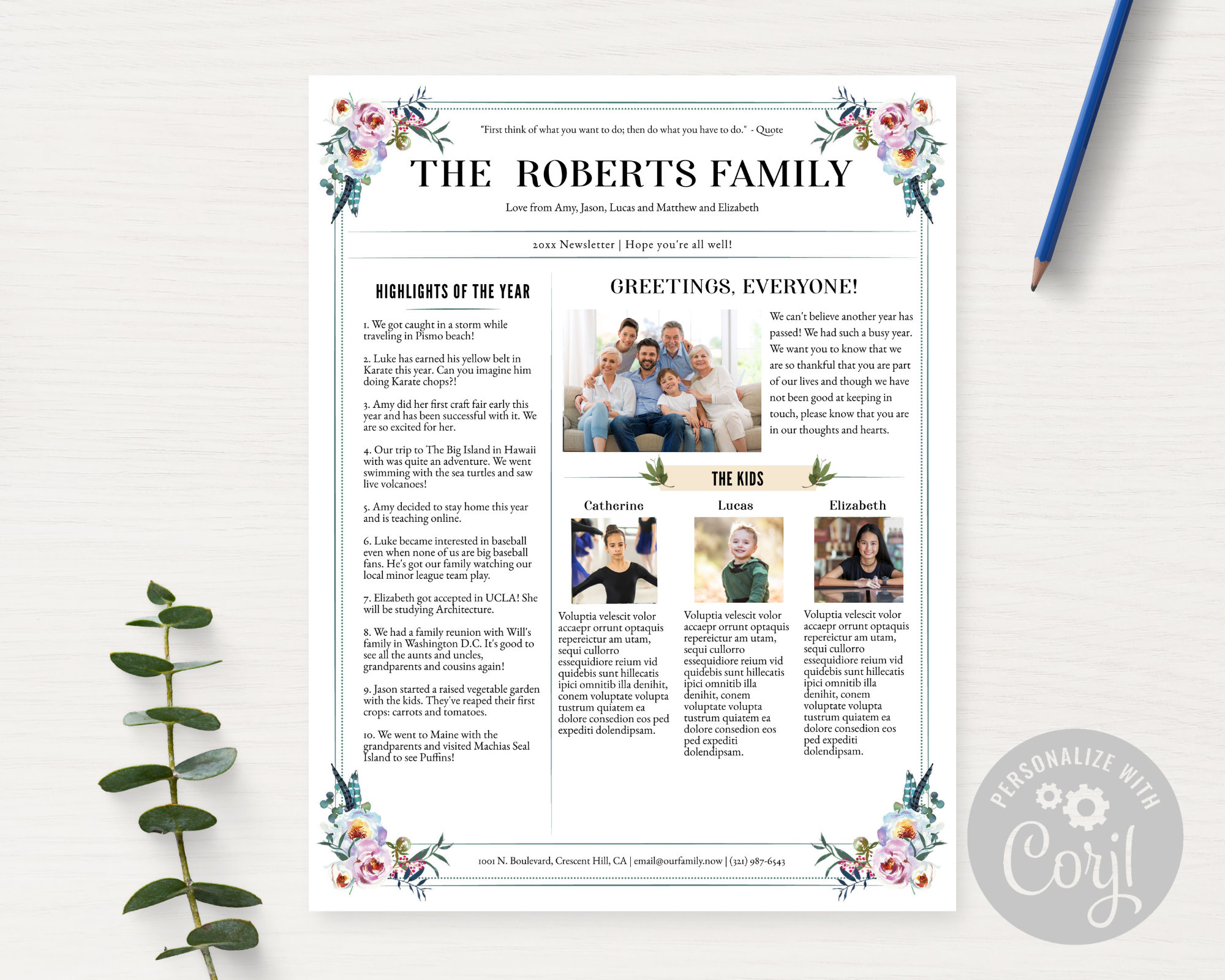 Family Newsletter Template Two Pages With Photos / Floral Family Year ...