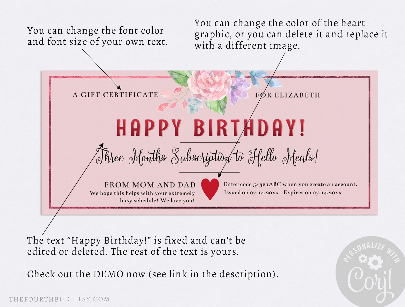 Editable Birthday Coupon Template: Gift Certificate Voucher With Pink ...