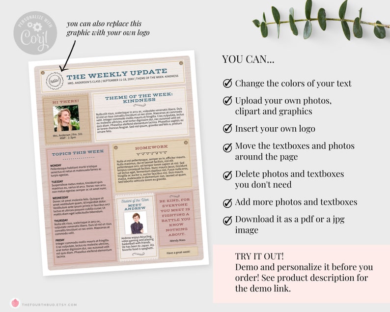 Editable Teacher Newsletter Template One Page / for Class, School ...