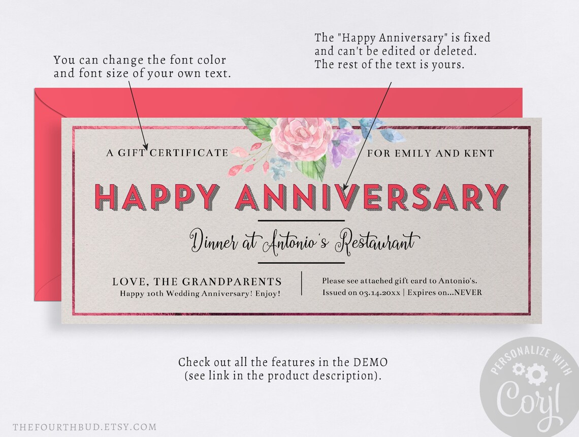 Happy Anniversary Gift Certificate / Printable Gift Voucher Template ...