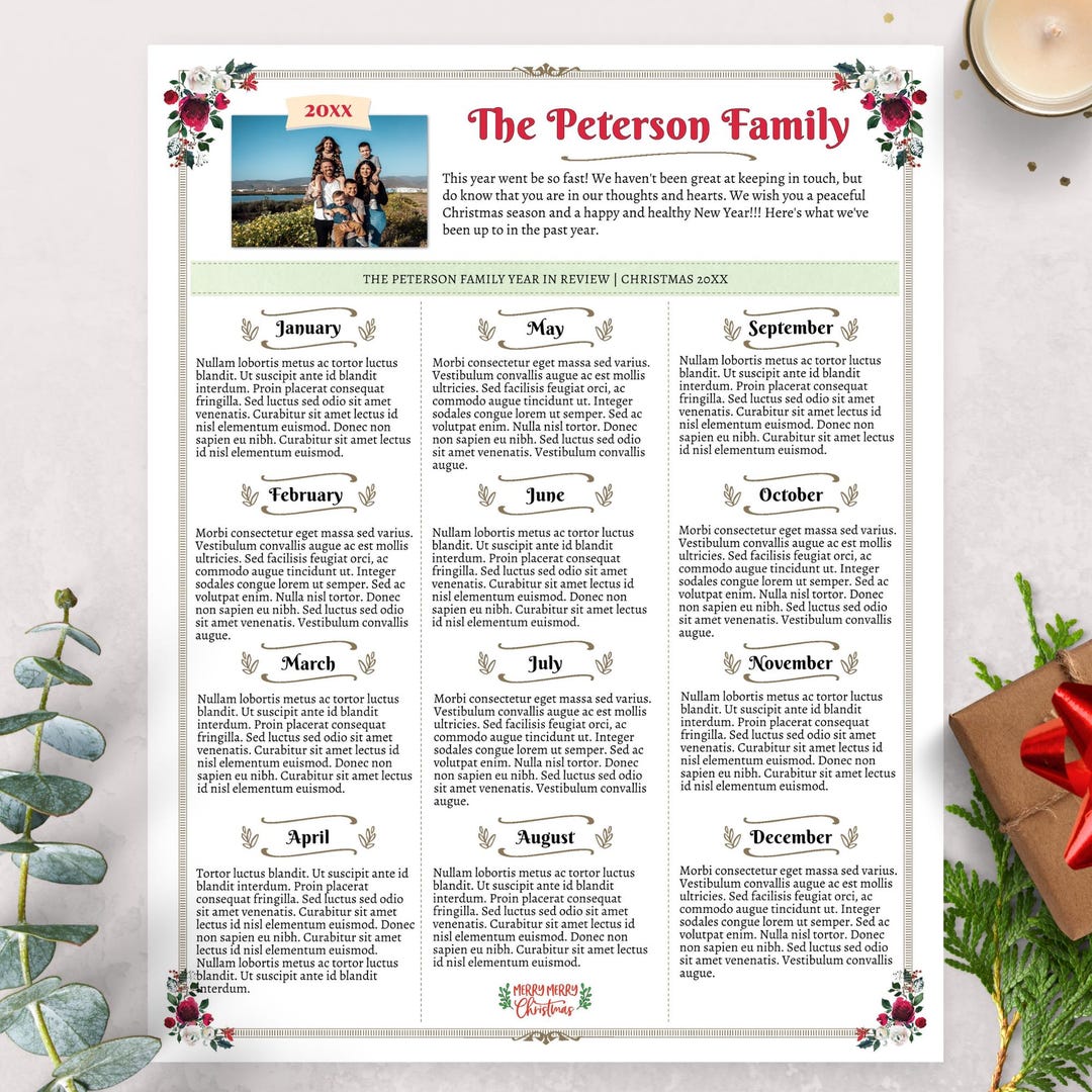 Editable Family Year in Review Christmas Newslettertemplate, US LETTER One Page, Month by Month ...
