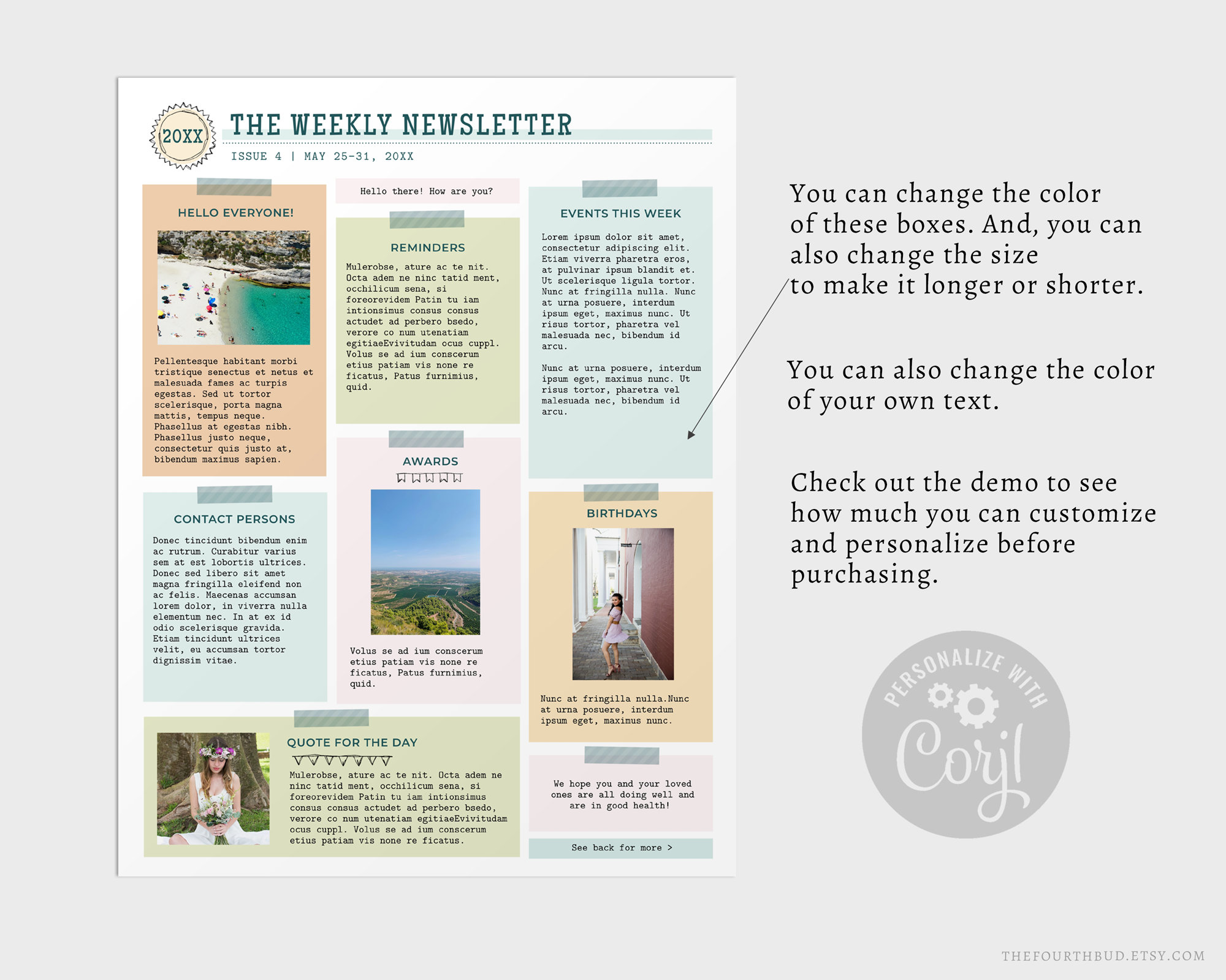 Two Page Organization Newsletter Template: Bright and Colorful Bulletin ...