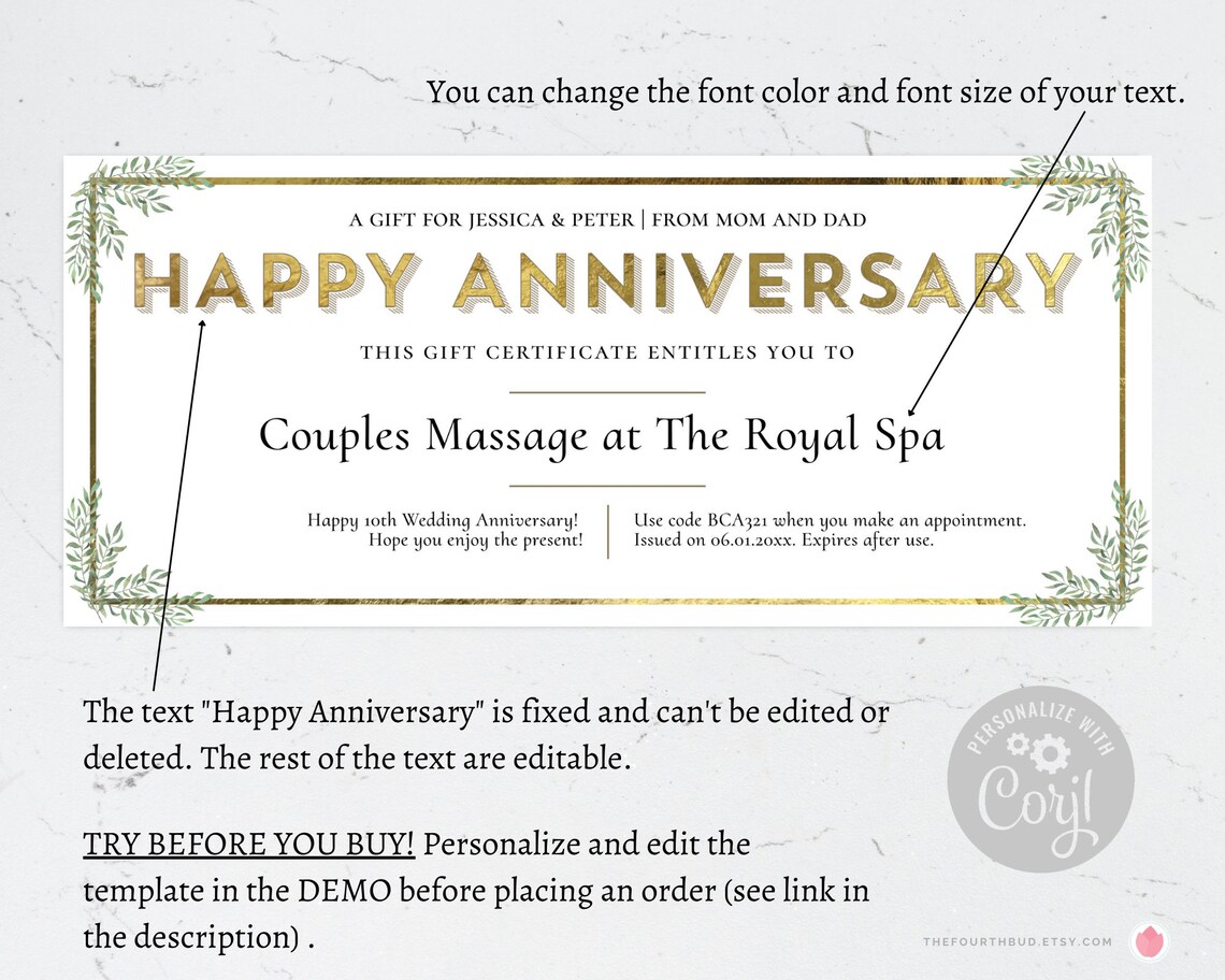 Happy Anniversary Gift Certificate Template / Elegant Aniversary Coupon ...
