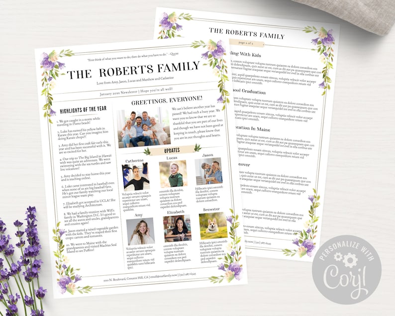 Family Newsletter Template Two Pages With Photos /floral Family Year in ...
