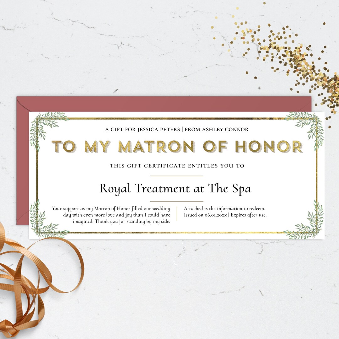 Elegant Matron of Honor Gift Certificate Template, 9.25 X 4 Minimalist ...