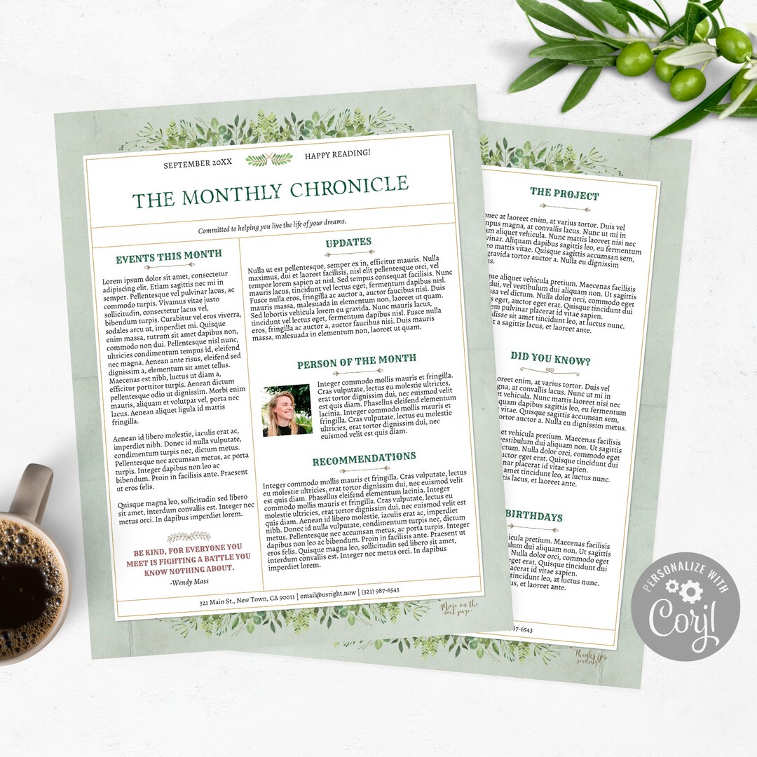 Elegant Newsletter Template Two Pages / Editable Wedding Times ...