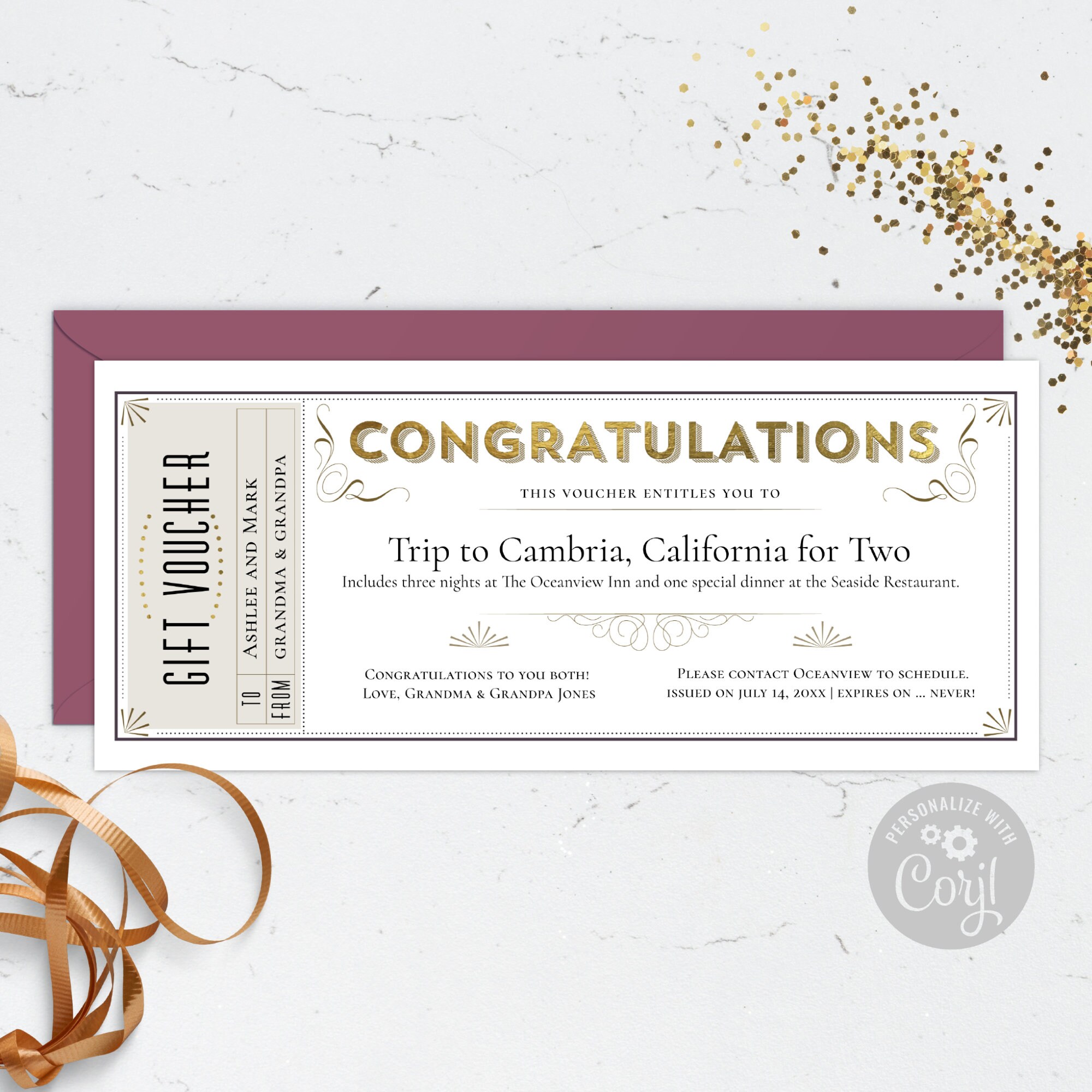 Editable Achievement Gift Certificate Template: Gold Accent Ticket ...