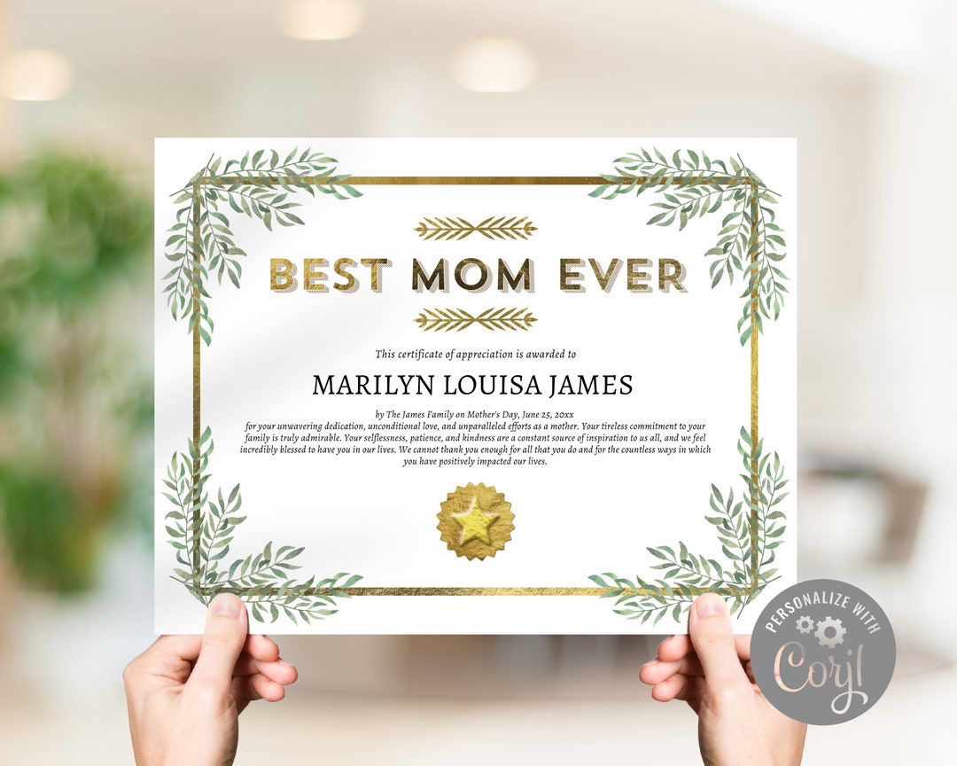 Best Mom Ever Certificate of Appreciation Award Template US Letter Size ...