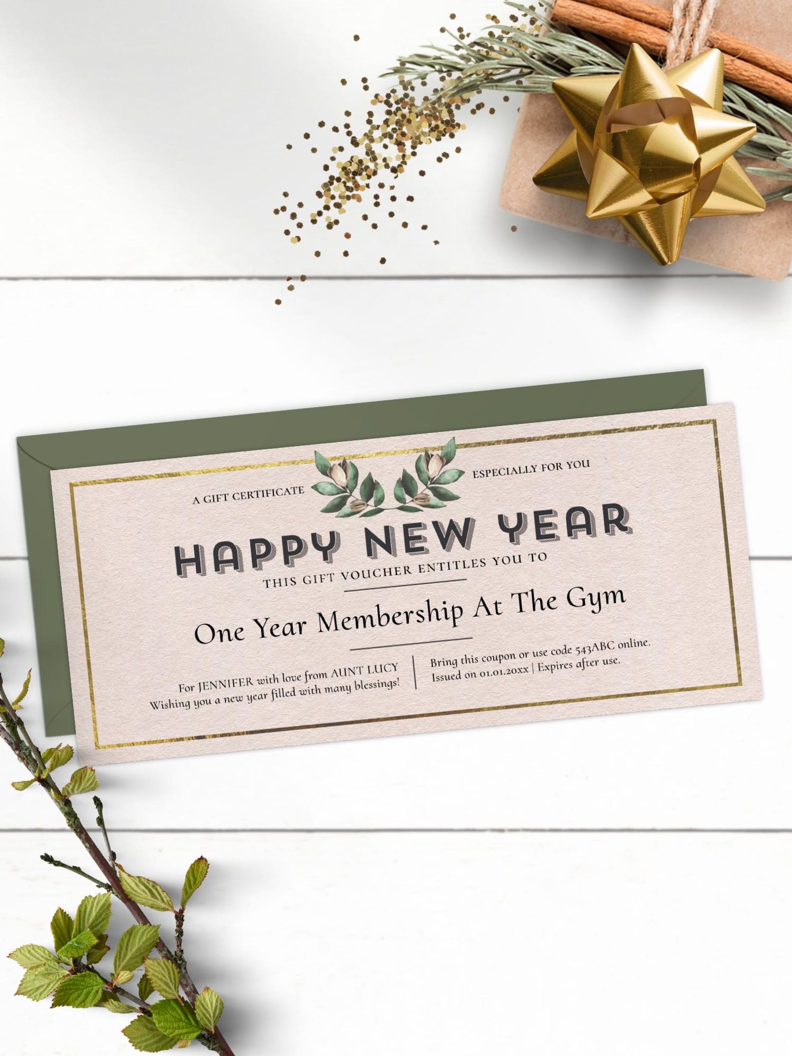 Happy New Year Gift Certificate Template - Editable Holiday Voucher ...