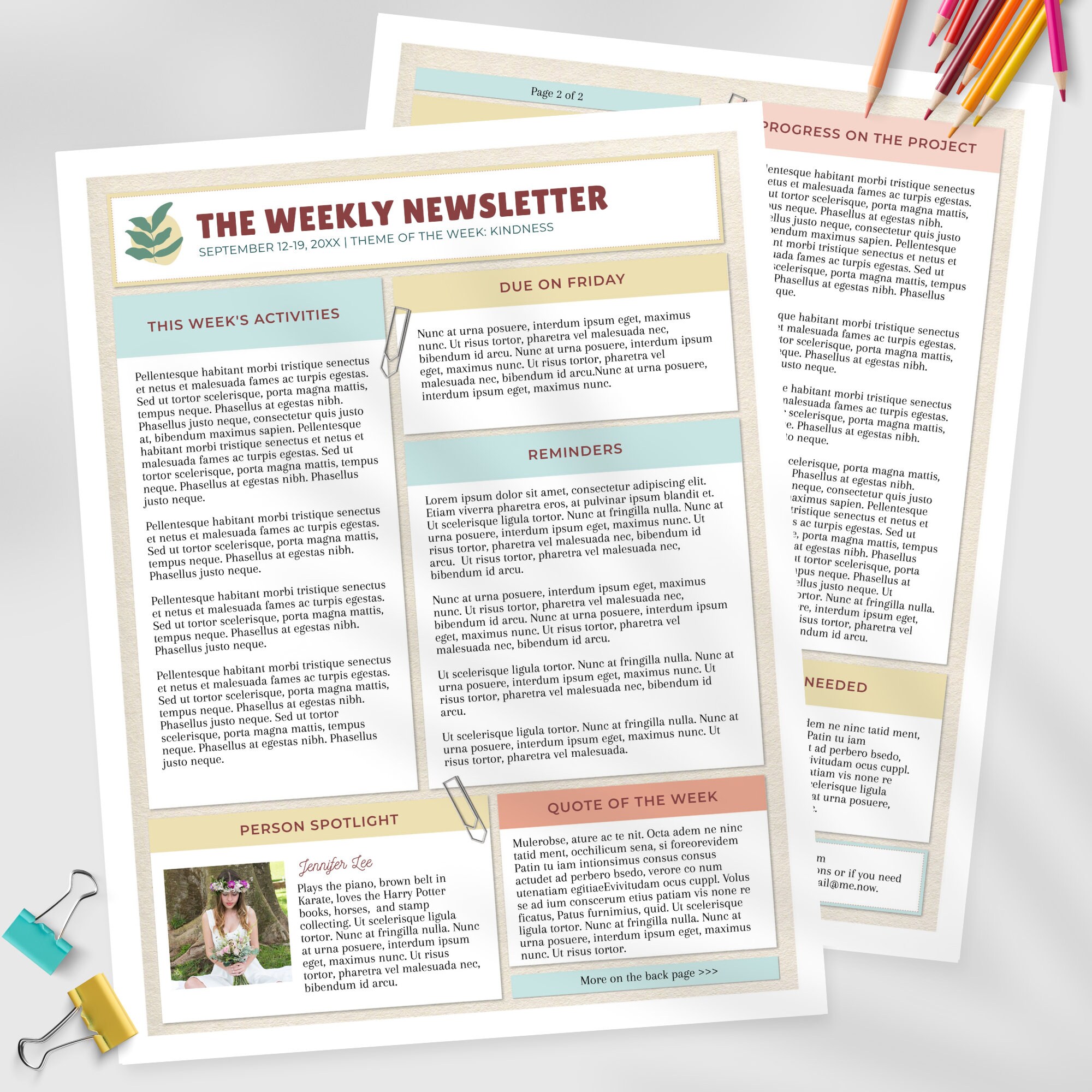 Editable Newsletter Template, Two Page Layout for School Updates (US ...