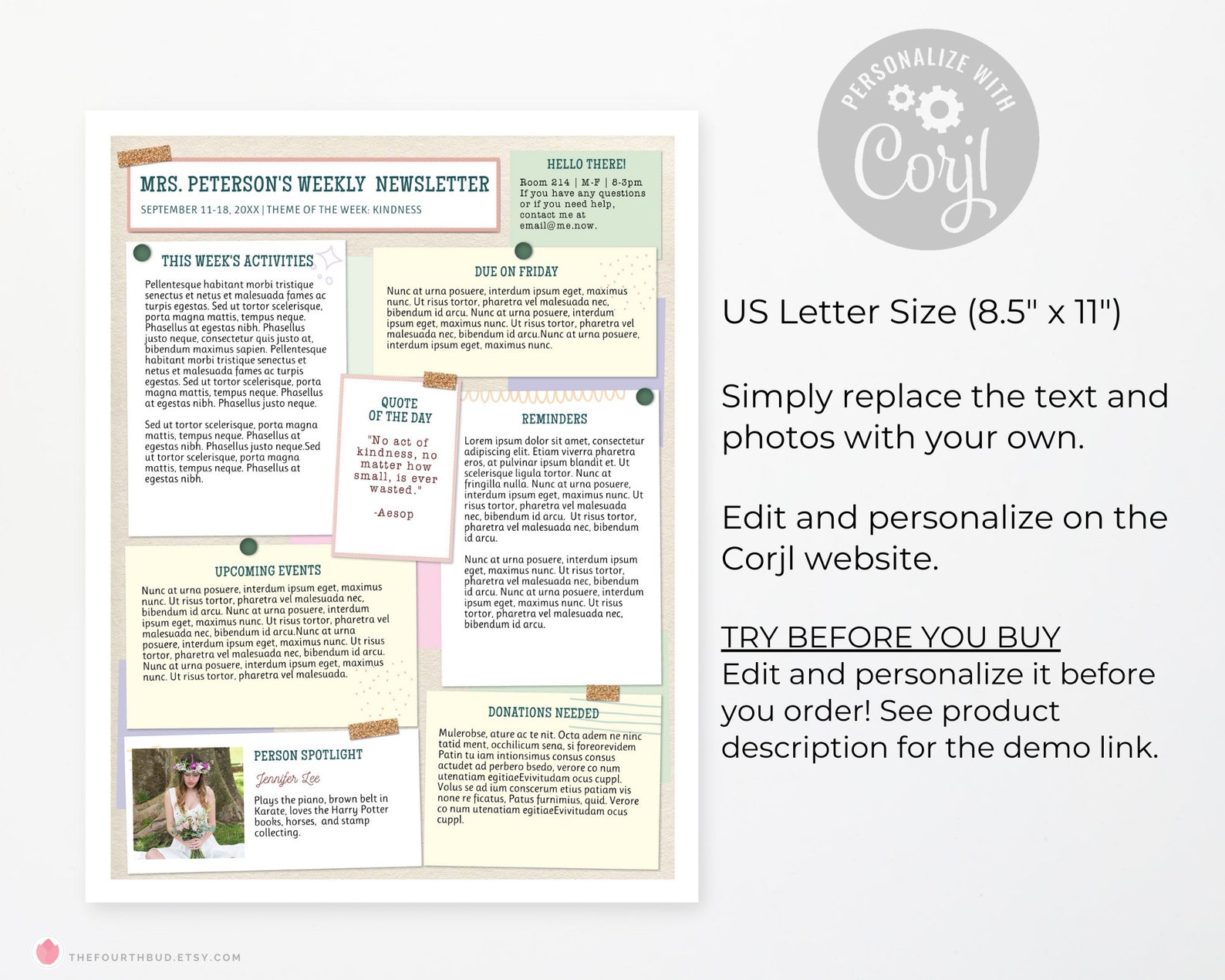 Editable Teacher Newsletter Template US Letter - Weekly Newsletter for ...