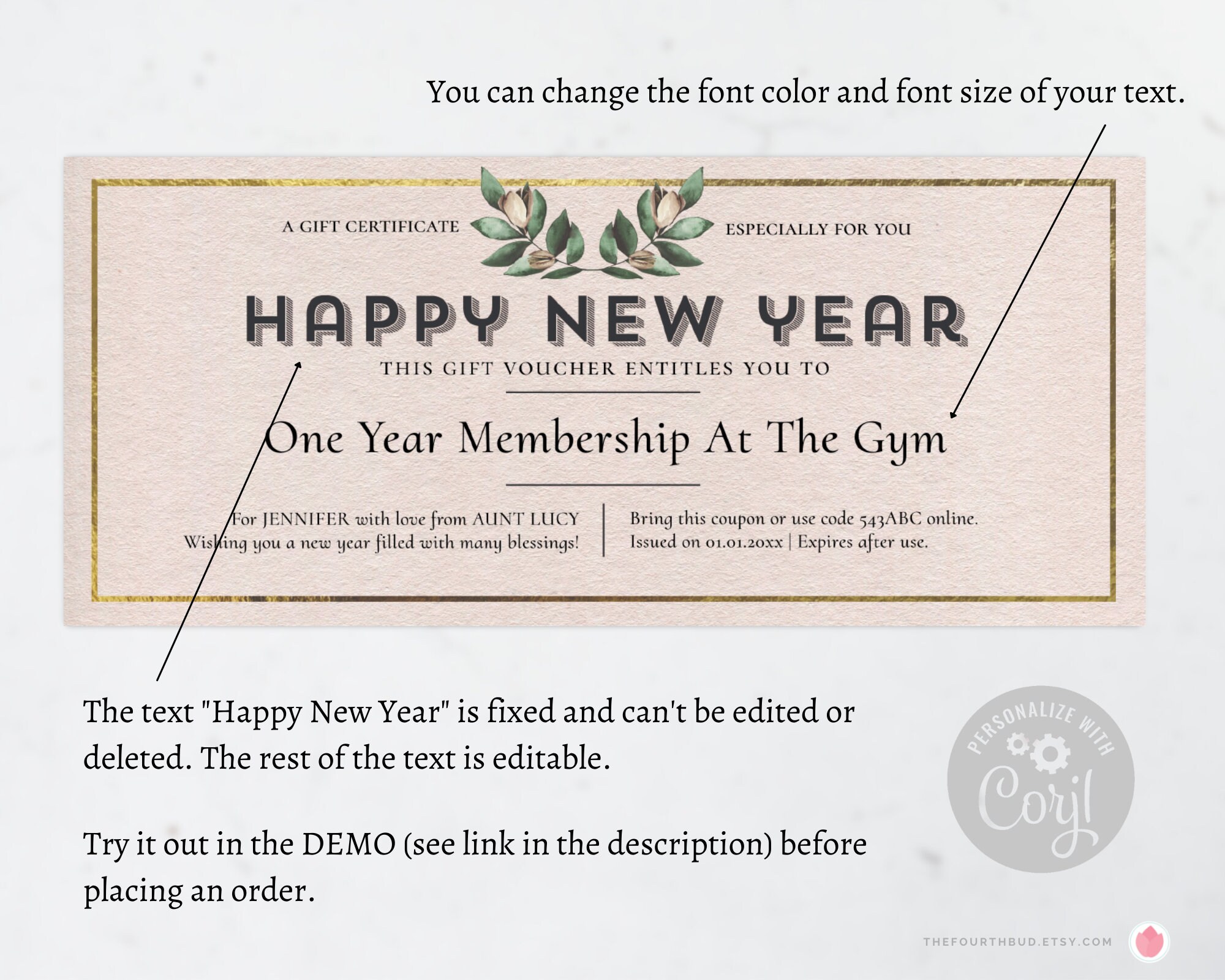 Happy New Year Gift Certificate Template - Editable Holiday Voucher ...