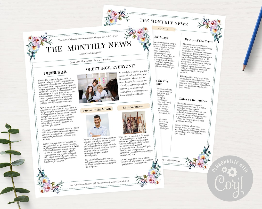 Watercolor Floral Newsletter Template, Family News and Updates (CORJL ...