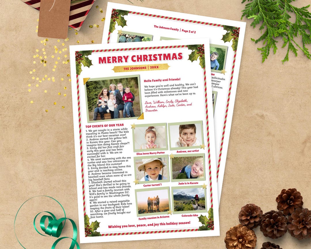 Two Page Christmas Newsletter Template, Family Year in Review Letter ...