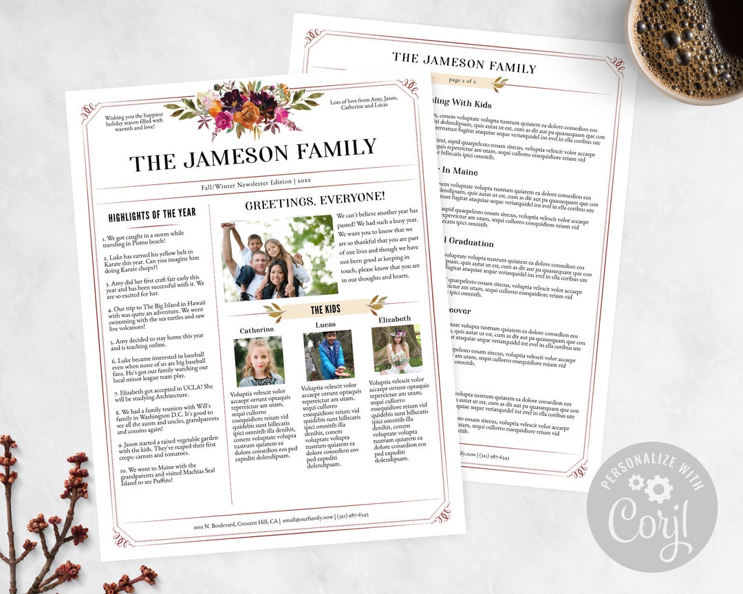 Fall Winter Newsletter Template Two Pages With Photos / Editable Office ...