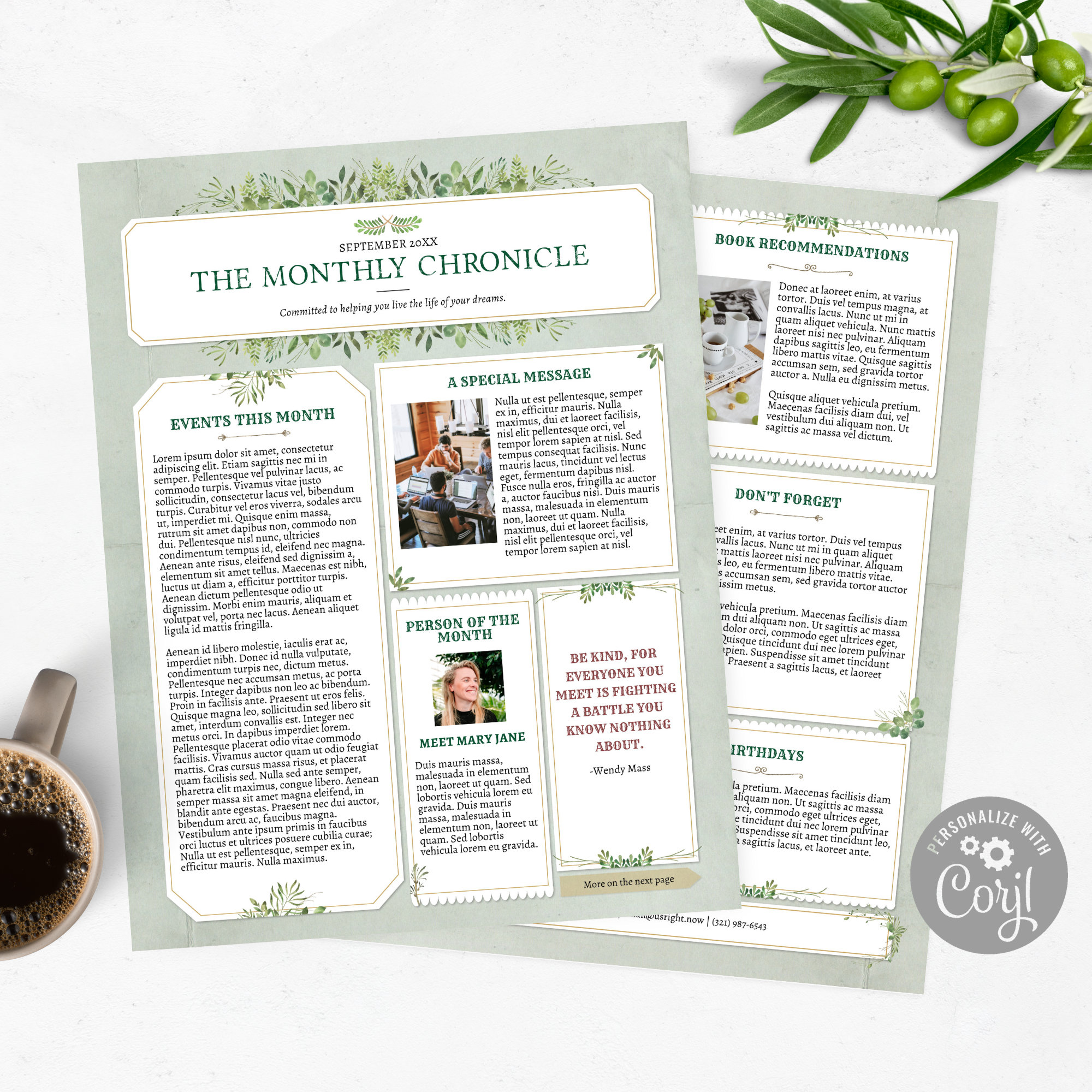 Watercolor Botanical Newsletter Template, Two Page Cottagecore News and ...