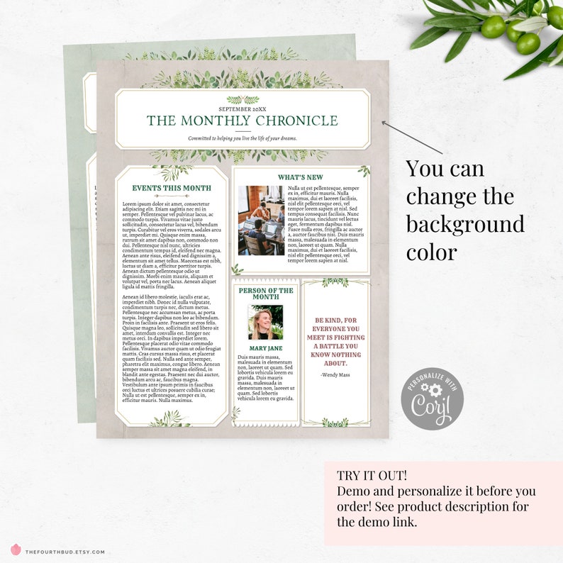 Editable Newsletter Template for the Office (CORJL, Watercolor ...