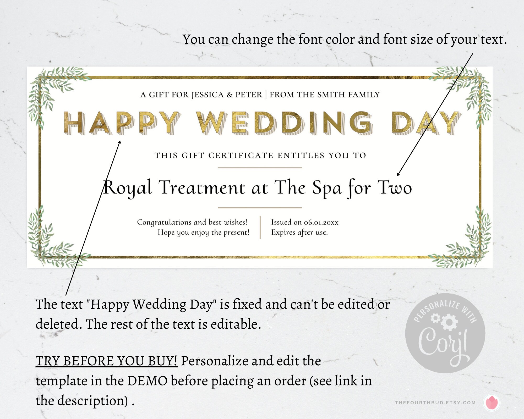 Happy Wedding Day Gift Certificate Template / Editable Gift - Etsy