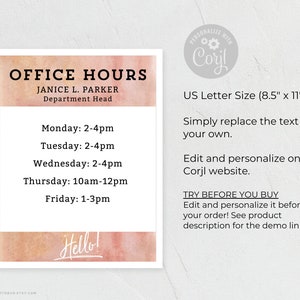 Editable Office Hours Door Sign Template - Schedule or Hours of ...