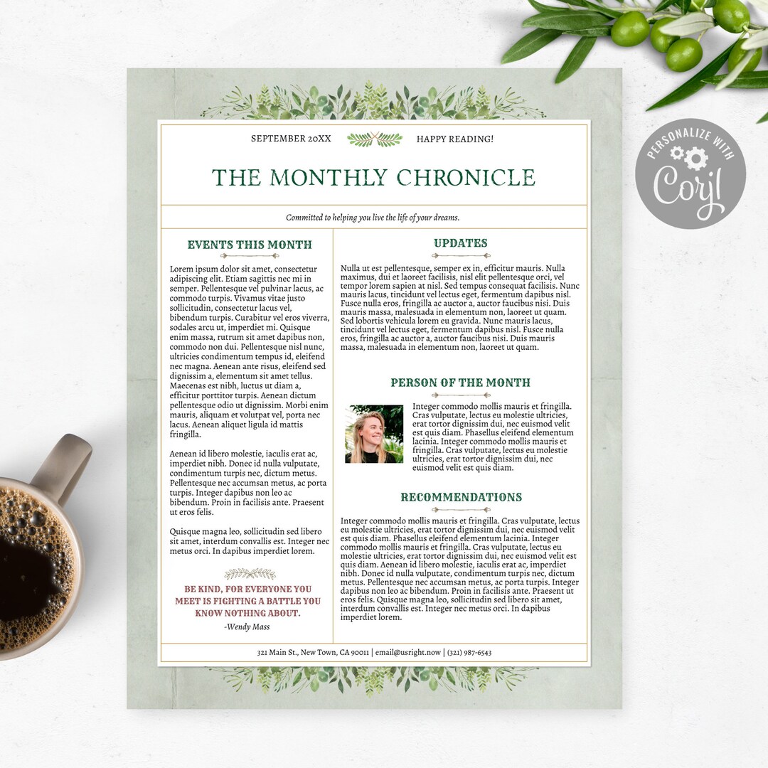 Beautiful Botanical Newsletter Template One Page / Editable Office ...