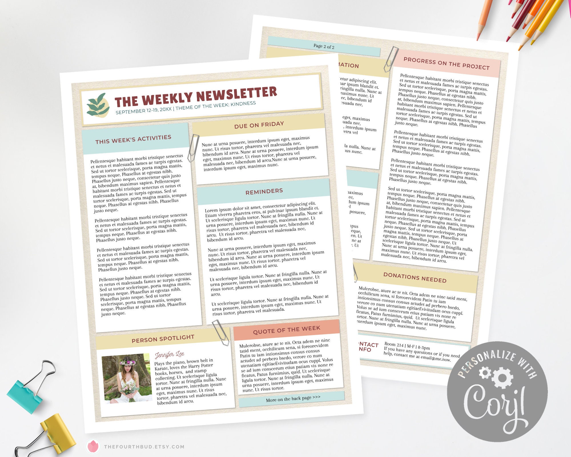 Editable Newsletter Template, Two Page Layout for School Updates (US ...