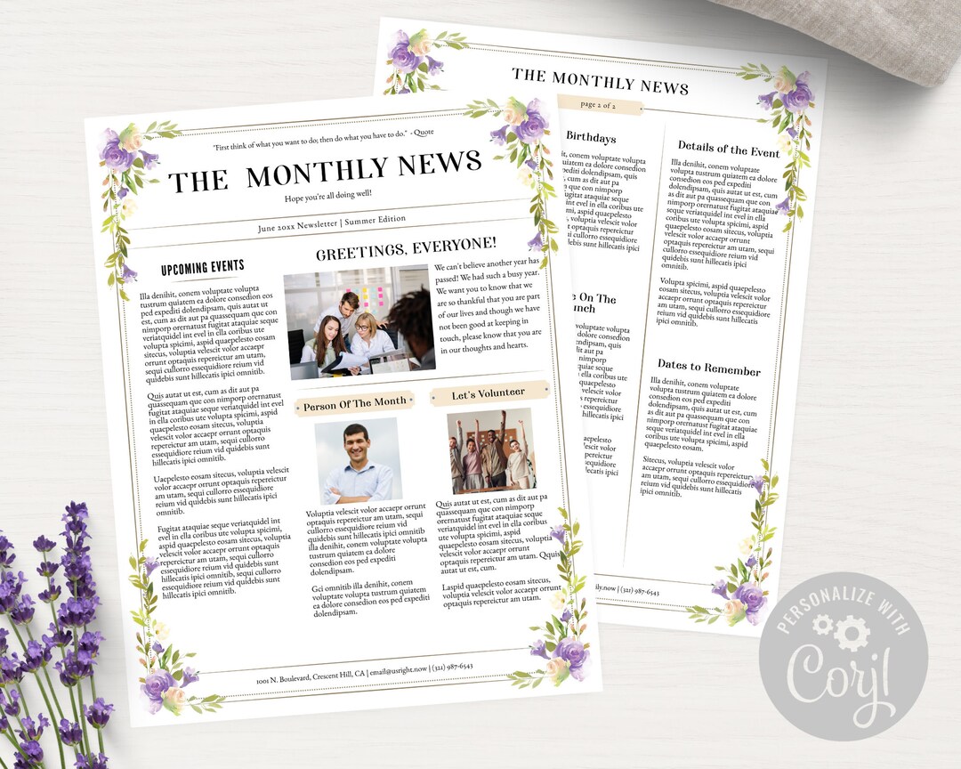 Two Page Floral Newsletter Template for Office, Shop, Wedding Times ...